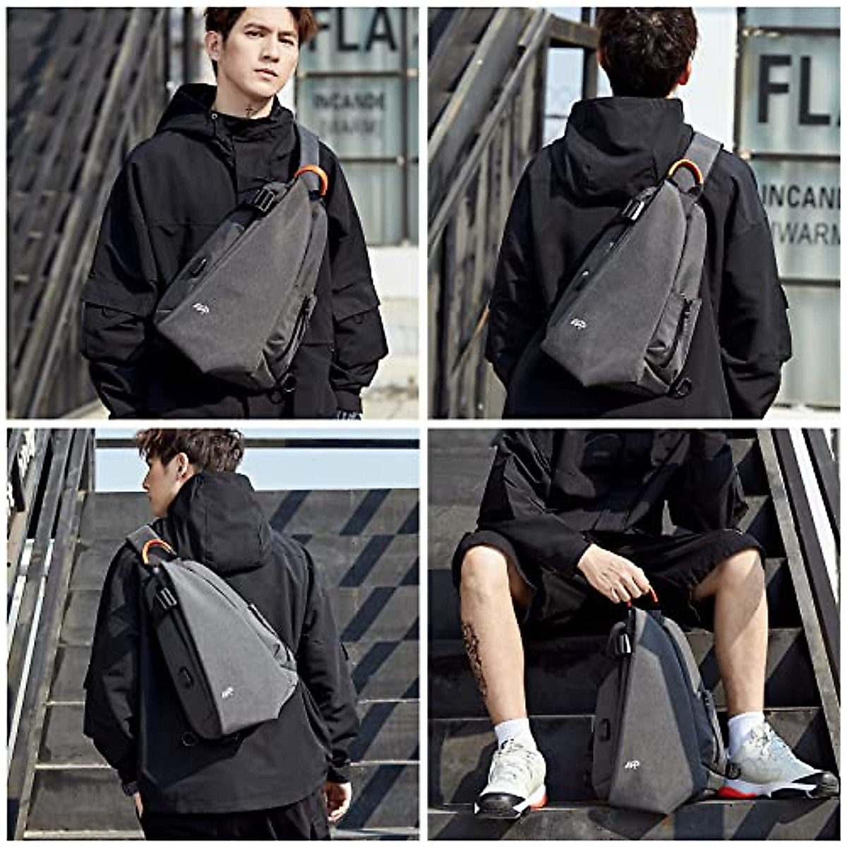 WISEPACK Sling Bag for Men Women,Crossbody Bag Men Shoulder Bag Sling Small Backpack Chest Bags One Strap Backpack Side Bags for Hiking Walking Biking Travel Cycling with USB Charger Port Grey