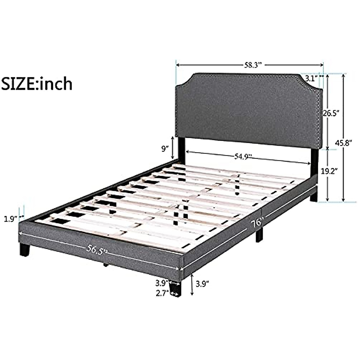 STP-Y Upholstered Platform Bed, Rockjame Full Bed Frame Mattress Foundation with Nailhead Trim Headboard and Plywood Slats, No Box Spring Required (Full) (Size : Full)
