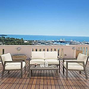 Bella Villa Patio Furniture Set - 4 Piece Outdoor Metal Frame All-Weather Sofa Set with 1 Loveseat 2 Patio Chairs, 1 Coffee Table for Lawn, Backyard, Deck, Garden (White)