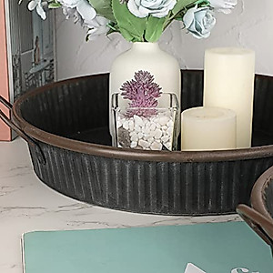 Hipiwe Galvanized Metal Iron Tray with Handles Farmhouse Rustic Decorative Tray Industrial Style Serving Tray Round Galvanized Tray for Coffee Table, Home Decor (Set of 2)