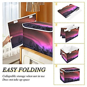 Kigai Aurora Borealis Purple Pink Storage Baskets for Shelves Foldable Closet Basket Storage Bins with Lid for Clothes Home Office Toys Organizers