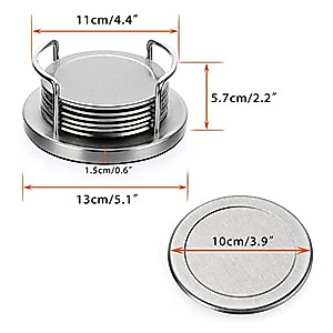 JUXYES Set of 6 Stainless Steel Round Coasters with Holder & Sponge Bottom, Silver Metal Cup Coasters Set Stunning Cool Coaster Cups Mats Decor for Restaurant Kitchen bar Dining Table