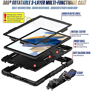 Herize Case Compatible with Samsung Galaxy Tab A8 10.5 Inch 2022 SM-X200/SM-X205/SM-X207 with Screen Protector Pencil Holder | Heavy Duty Sturdy Protective Case W/Stand Hand Shoulder Strap | Black