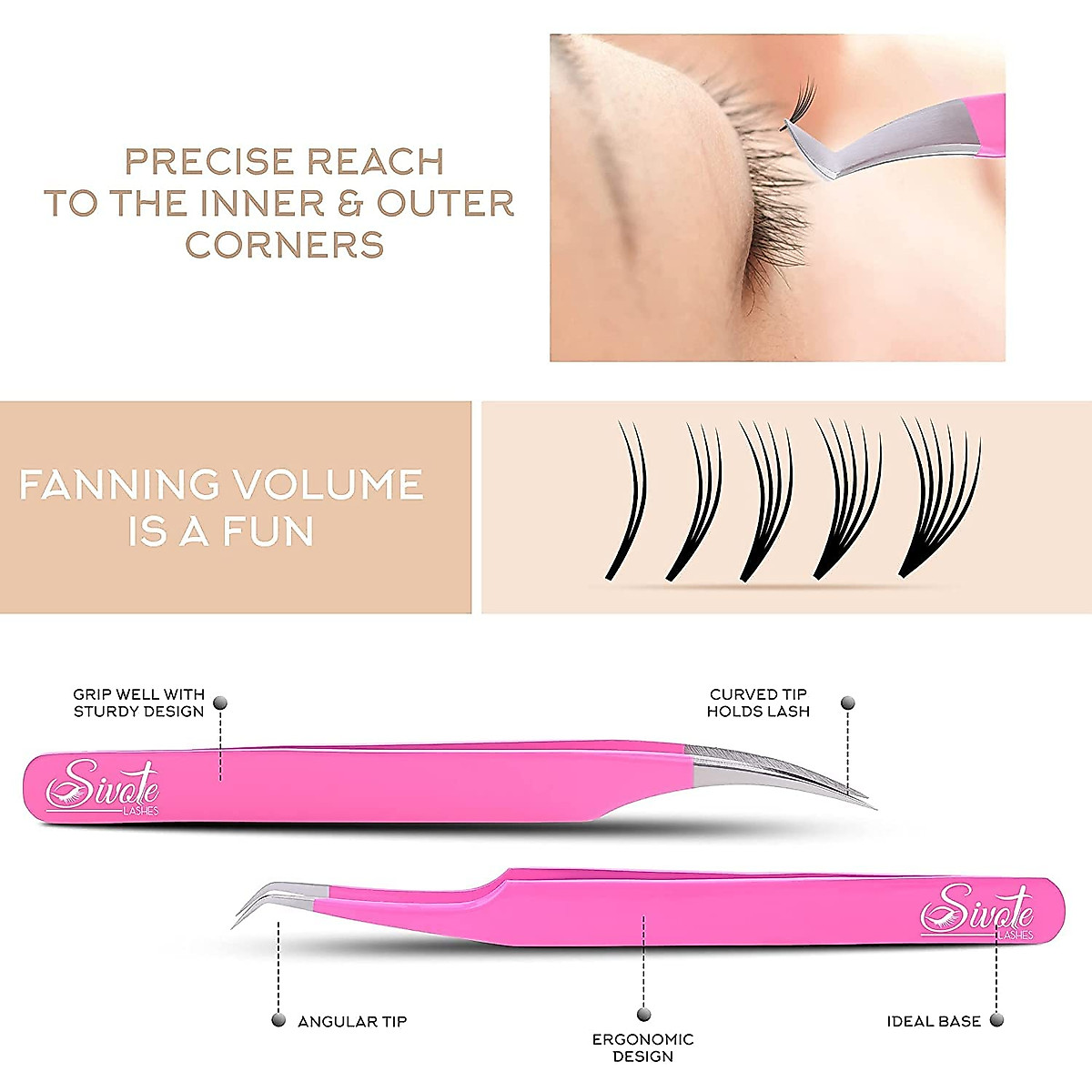 SIVOTE Eyelash Extension Tweezers for Classic & Volume Lashes, 5-Pack, Pink