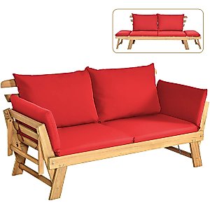 Tangkula Acacia Wood Patio Convertible Couch Sofa Bed with Adjustable Armrest, Outdoor Daybed with Cushion & Pillow, Folding Chaise Lounge Bench Ideal for Porch Courtyard Poolside (Red)