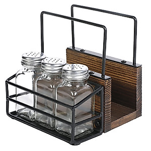 MyGift Rustic Tabletop Caddy, Brown Wood and Black Metal Wire Napkin Holder with 3 Glass Seasoning/Salt and Pepper Shakers