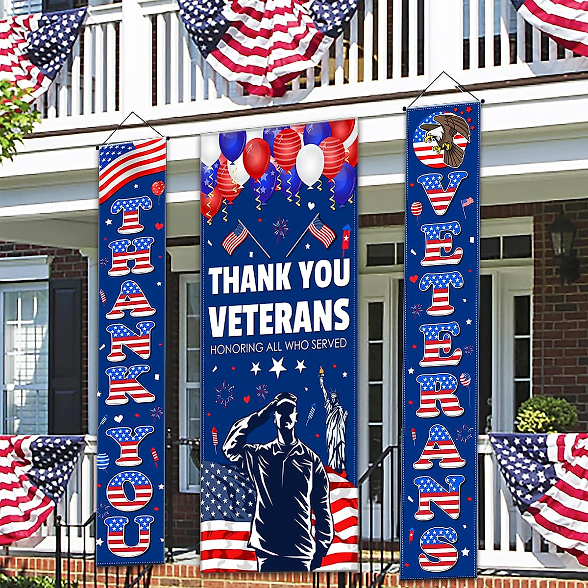 3pcs Memorial Day Decorations Banner Decorations Thanks You Veterans Porch Sign Banner Door Cover Decorations for Welcome Hanging Home Outdoor Indoor Wall Decor