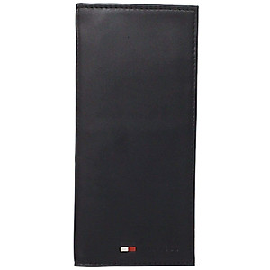 Tommy Hilfiger Leather Secretary Wallet - Slim Long Multipurpose Versatile Vertical Bifold Checkbook Cover, Black