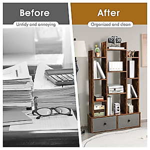 Giantex 9-Cube Bookcase with 2 Drawers - Industrial Freestanding Open Display Shelving with Anti-toppling Device, 12 Storage Shelves, Wooden Tree Shaped Bookshelf for Living Room, Rustic Brown