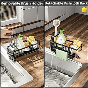 SWTYMIKI Sponge Holder for Kitchen Sink - Sink Caddy with Brush Holder Self-draining Kitchen Sponge Caddy Organizer with Divider Stainless Steel Sink Accessories Storage for Countertop, Black