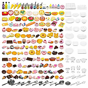 200pcs Miniature Landscape Food Drinks Bottle Mini Toys Doll House Kitchen Play Resin Dollhouse Accessories for Adults Teenagers Cooking Game Hamburger Ice Cream Cake Bread Tableware Party