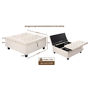 Charlotte 35 Inch Large Square Storage Ottoman Cube Bench, Tufted Upholstered Lift Top Coffee Table Ottoman with Storage, Oversized Dorm Storage Ottomans, Toy Box, Footrest for Living Room - Cream