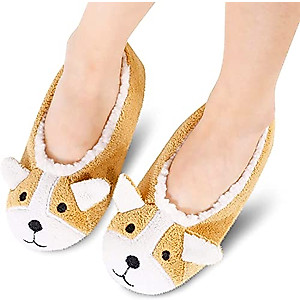 TRENSOM Fun Cute Fuzzy Slipper Socks for Women with Grippers Non Slip House Socks, Corgi Fuzzy Socks Fuzzy Animal Socks Corgi Gifts for Corgi Lovers