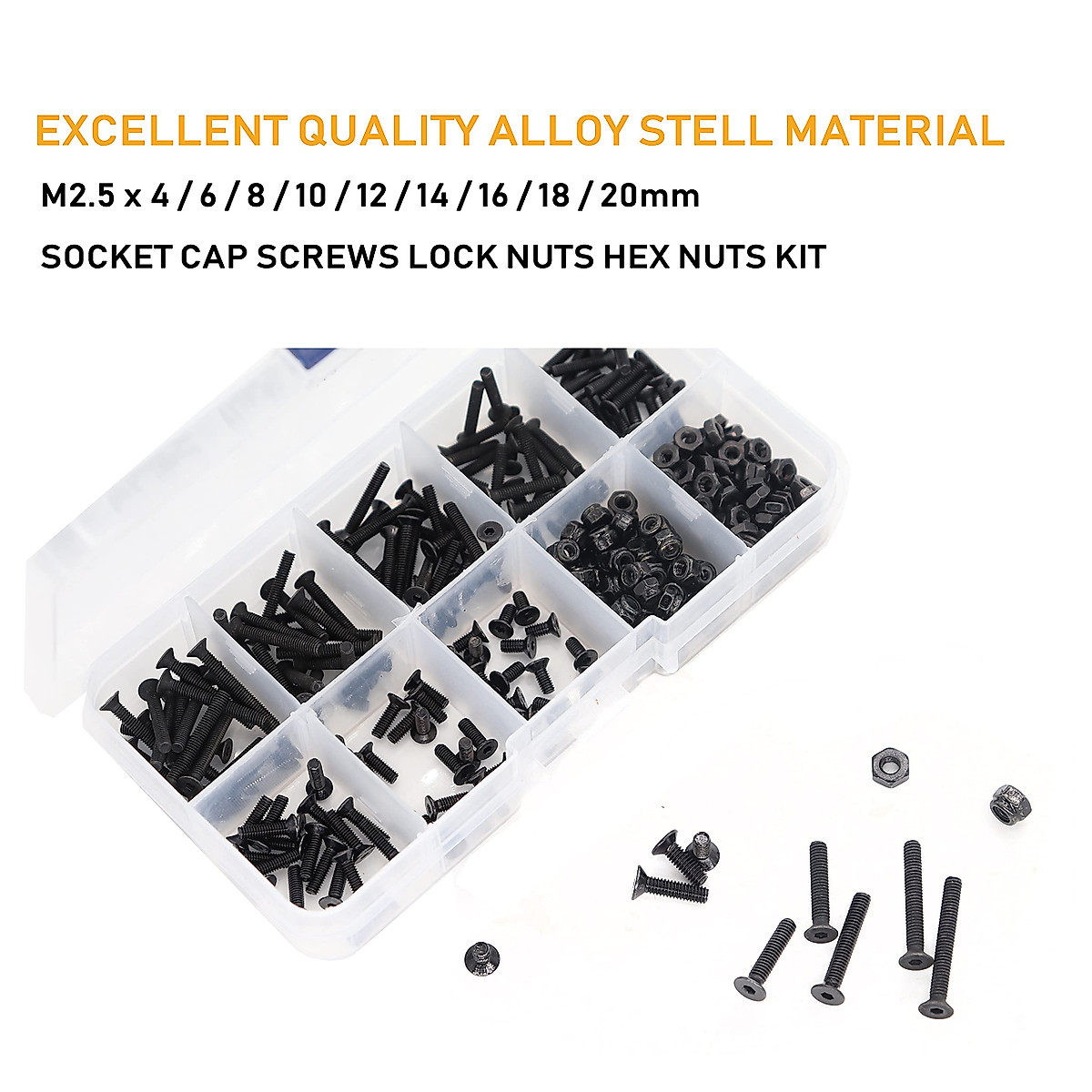 binifiMux 340pcs M2.5 Black Countersunk Flat Socket Cap Screws Hex Nuts Nylon Lock Nuts Assortment Kit 10.9 Grade Alloy Steel, M2.5 x 4mm/ 6mm/ 8mm/ 10mm/ 12mm/ 14mm/ 16mm/ 18mm/ 20mm