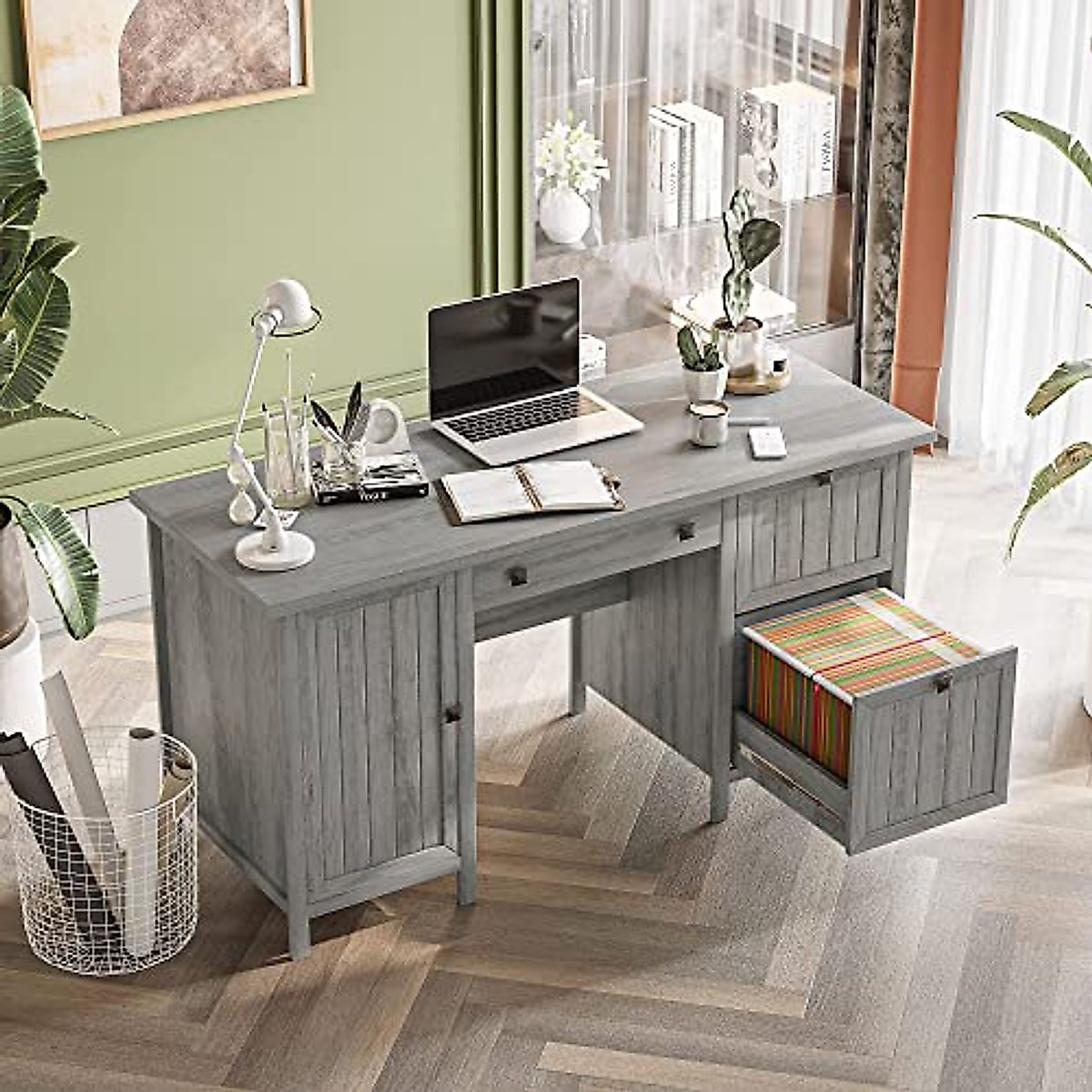 HOMCOM Vintage Executive Computer Desk, Home Office Work Station, Student Table with Cabinet & 3 Drawers for Hanging Files, Grey