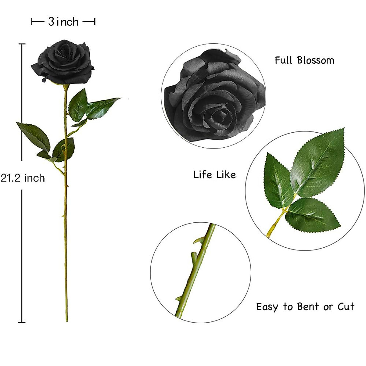 IPOPU Black Roses Artificial Flowers 12pcs Artificial Roses Real Touch Black Fake Silk Rose Flowers Floral Arrangement Faux Roses for Home Wedding Party Shop Garden Bridal Decorations DIY (Black)
