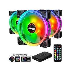 Rosewill 120mm True RGB LED Case Fans (3-Pack) and 8-Port Fan Hub, Ultra Quiet Cooling with Long Life Rifle Bearings - Rosewill RGBF-S12003 Supreme Dual Ring Addressable RGB Case Fan Hub Set