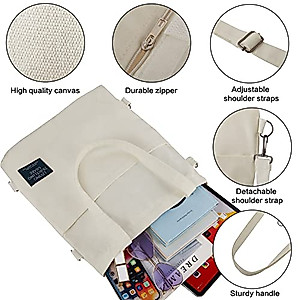 LOLAGIGI Canvas Shoulder Tote Bag for Women Adjustable Crossbody Handbag Casual Aesthetic Hobo Bag Utility Satchel Shoulder Backpack with Zipper Pocket, Suit for Girl Teens School Work Travel, Beige