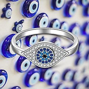 LOVGIFSET Evil Eye Ring Evil Eye Rings for Women Sterling Silver Greek Turkish Blue Eyes Blue Sapphire Protection Mal De Ojo Greek Nazar Amulet Jewelry Size 7