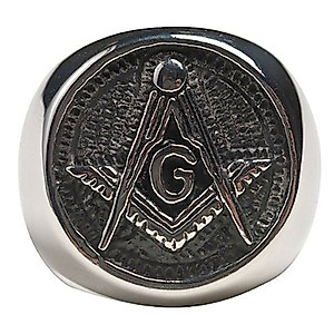 Round Chiseled Stainless Steel Freemason Ring/Masonic Ring with Black Stone & CZ. Freemason's Jewelry Masonic Rings Free Masonry Member. Free Masons Masonary Ring with Masonic symbol emblem (13)
