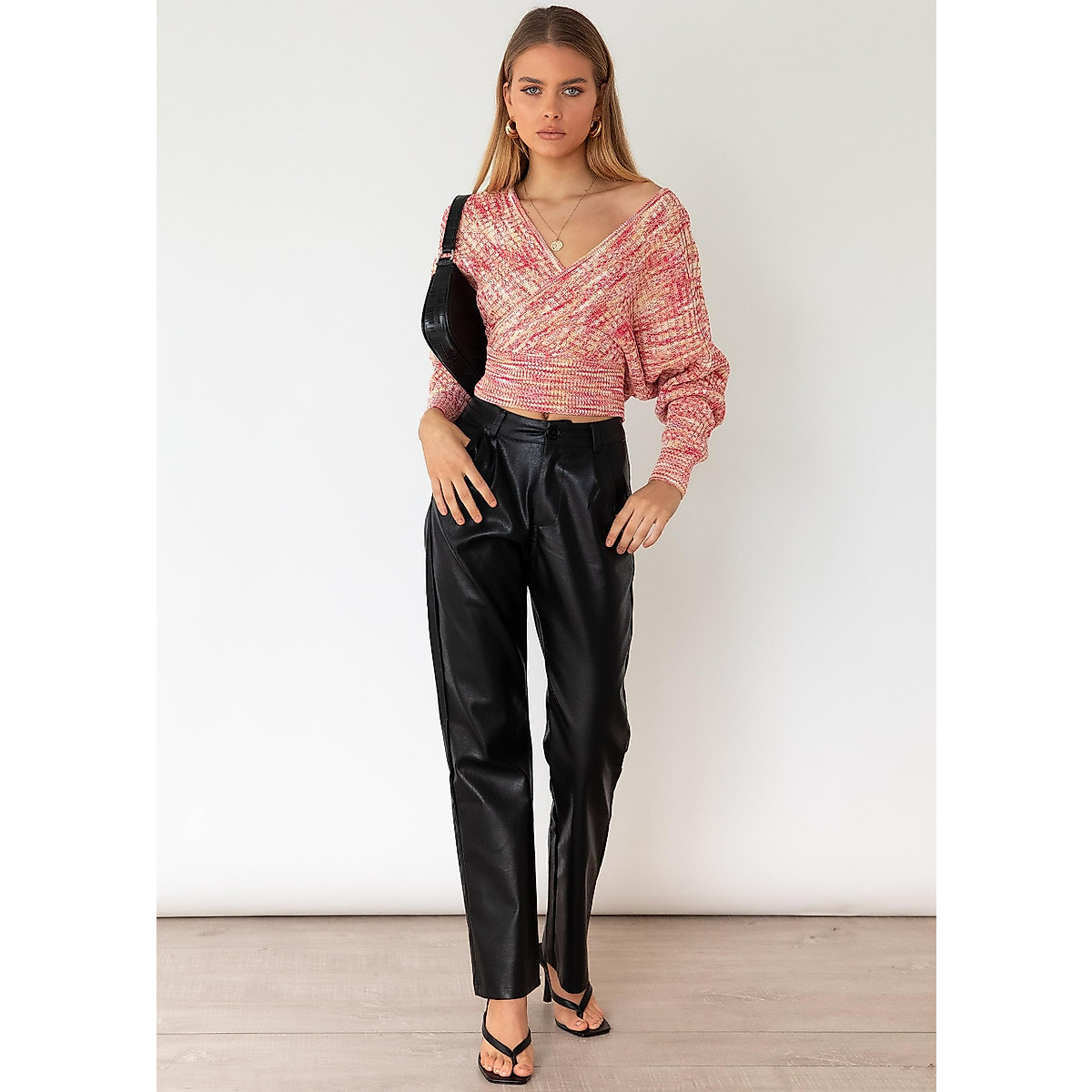 ZAFUL Women's V Neck Crop Knitted Sweater Long Sleeve Color Block Ribbed Jumper Space Dye Pullover