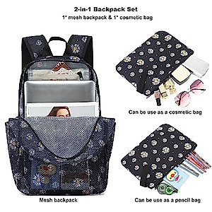 Kouxunt Daisy Mesh Backpack for Girls Women, See Through Casual School College Student Bookbag (Black)