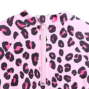 Alakuoti Long Sleeve One Piece Ruffle Swimsuit for Toddler Girls Baby Girl Rashguard Shirt with UPF 50+ Sun Protection (as1, Age, 0_Month, 12_Months, Pink Leopard)