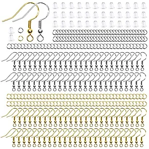 Hypoallergenic Earring Hooks, Thrilez 600Pcs Earring Making Kit with Hypoallergenic Earring Hooks, Jump Rings and Clear Rubber Earring Backs for DIY Jewelry Making (Silver and Gold)