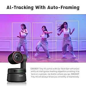 OBSBOT Tiny 4K PTZ Webcam, AI-Powered AI-Tracking Auto-Framing Gesture Control HDR 4K Webcam with Dual Omni-Directional Mic 4X Zoom in/Out for Video Meeting Remote Class Live Streaming