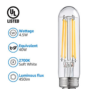 TORCHSTAR T6 LED Bulb, Dimmable Tubular Light Bulb 40 Watt, E12 Candelabra Bulb, 450lm, UL Listed, Edison Filament Light Bulbs for Chandelier, Ceiling Fan, Clear Glass, 2700K Soft White, Pack of 6