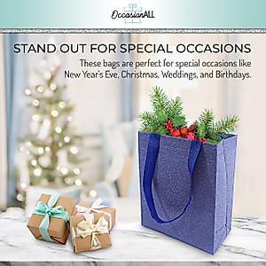 Blue Gift Bags - 12 Pack Medium Blue Reusable Gift Bag Tote with Handles, Glitter Metallic Bling Shimmer, Eco Friendly for Kids Birthday Parties, Bridesmaids, Party Favors, Grocery Shopping - 8x4x10