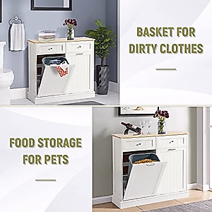 LOUVIXA Tilt Out Trash Can Cabinet Dog Proof with Double Wood Hidden Holder, Kitchen Free Standing Recycling Cabinet（White）