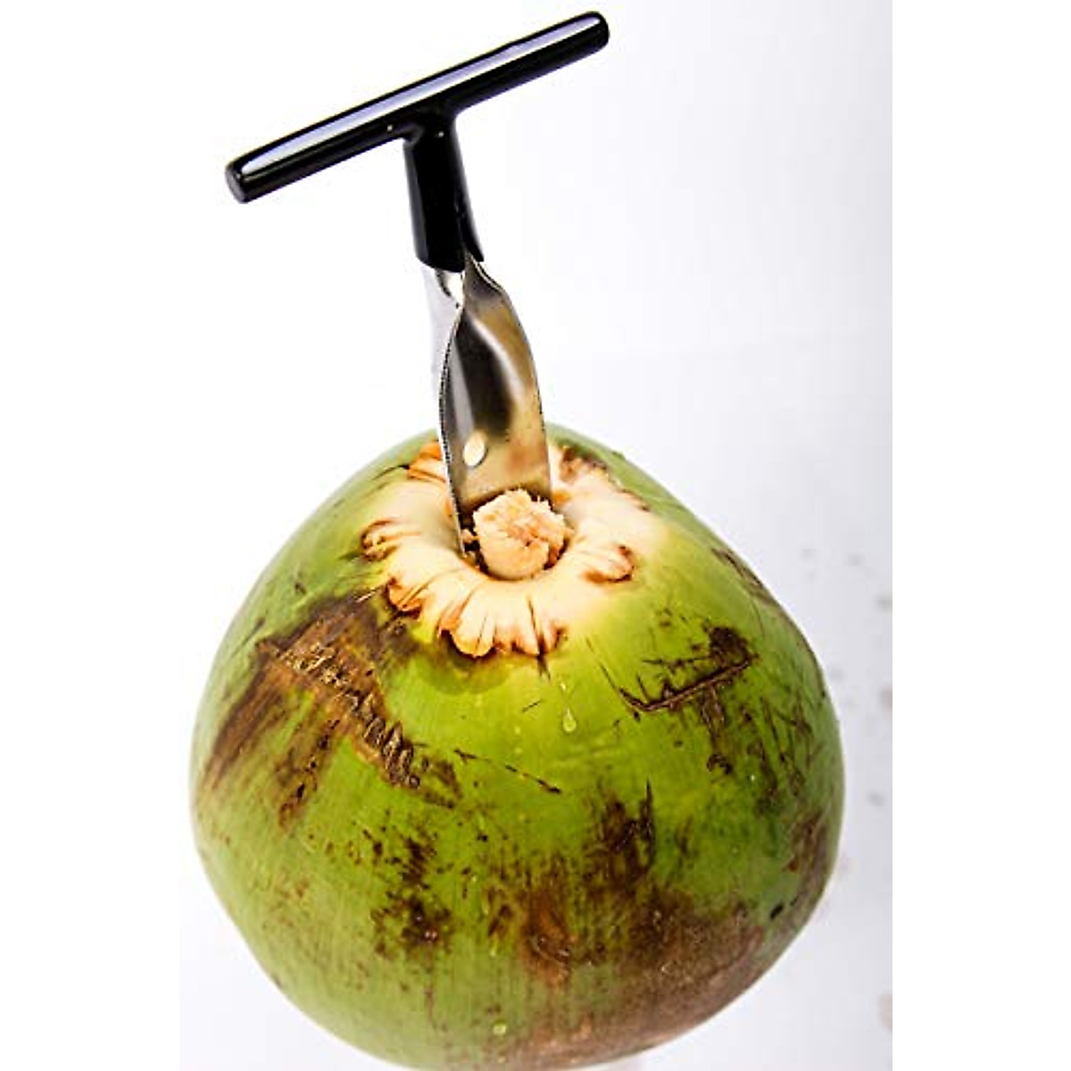 Ken's CocoMon Coconut Opener Tool + Stainless Straw for Fresh GREEN Young Fruit Black Rubber Handle EZ Easy Grip SAFE with Stainless Steel Drinking Straws (1 CocoMon + 1 Straw)