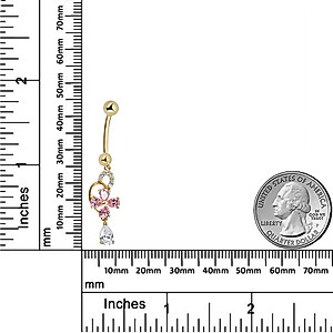 AVORA 10K Yellow Gold Simulated Diamond CZ Dangling Pink Flower Belly Button Ring Body Jewelry (14 Gauge)