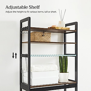 SONGMICS Over-The-Toilet Storage, 3-Tier Bathroom Organizer Over Toilet with Adjustable Shelves, Hooks, Bamboo, Freestanding Space Saver Bathroom Shelves, Rustic Brown and Ink Black UBTS012B01