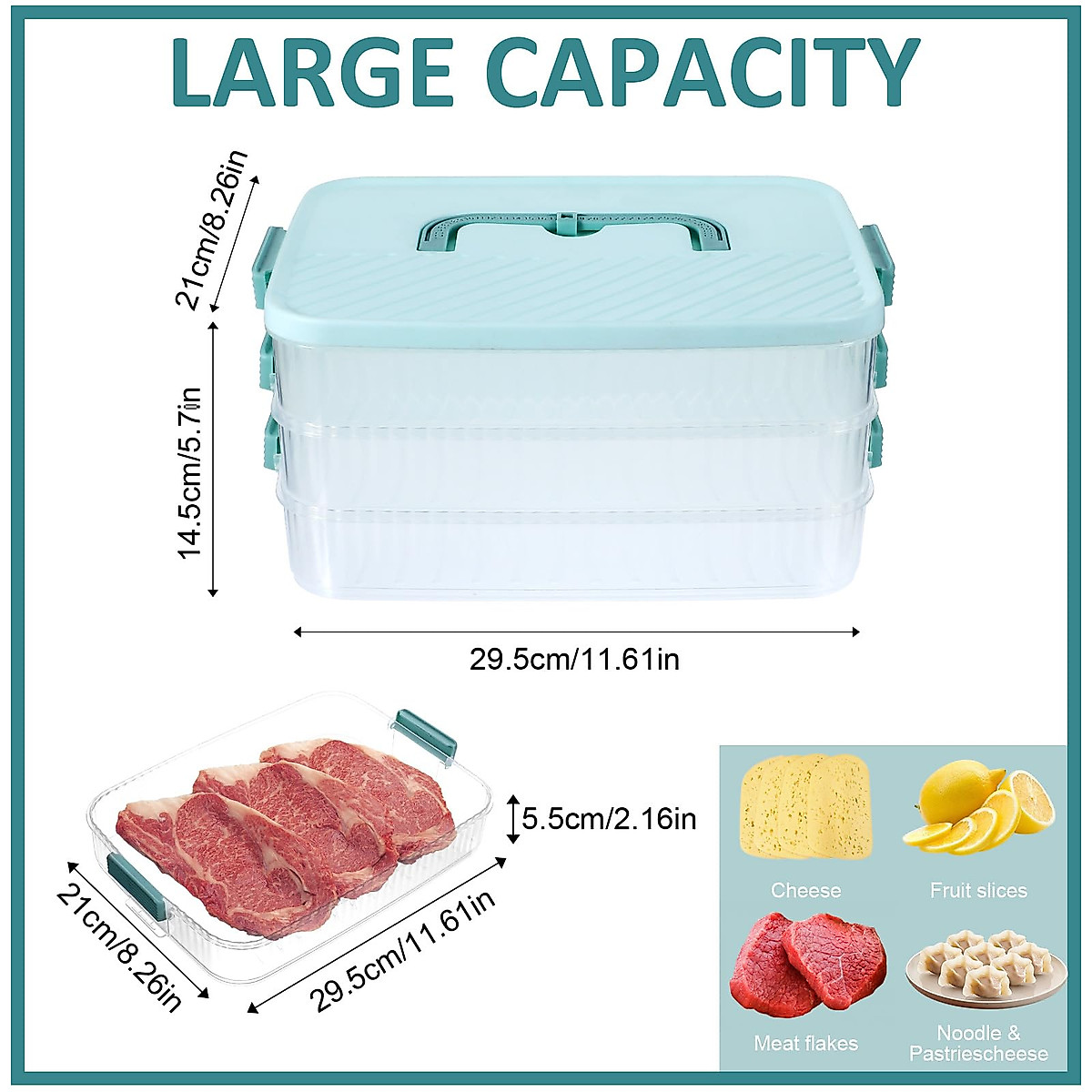MAQUITA Deli Meat Container for Fridge, 3 Layer Lunch Meat Container for Refrigerator Ham and Deli Meat and Cheese Containers Bacon Storage Container with Tongs