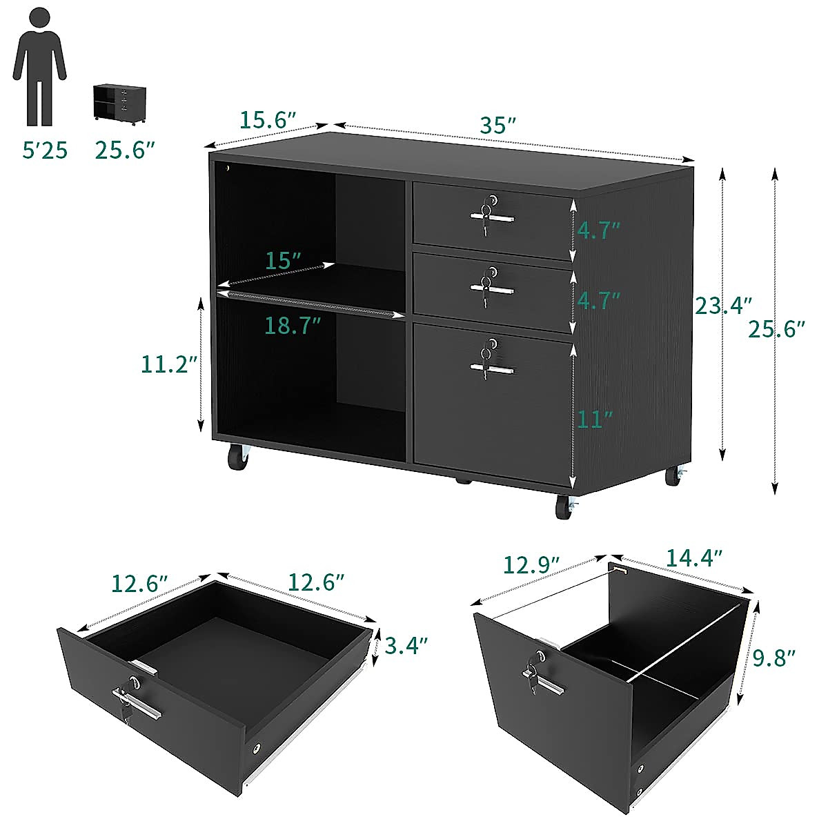 YITAHOME Wood File Cabinet, 3 Drawer Mobile Lateral Filing Cabinet, Storage Cabinet Printer Stand with 2 Open Shelves for Home Office Organization, Black