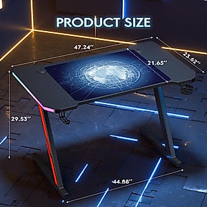 Homall Gaming Computer Desk with Carbon Fiber Surface, Gaming Table Z Shaped PC Home Office with Cup Holder&Headphone Hook(47 in, Black, Led Light)