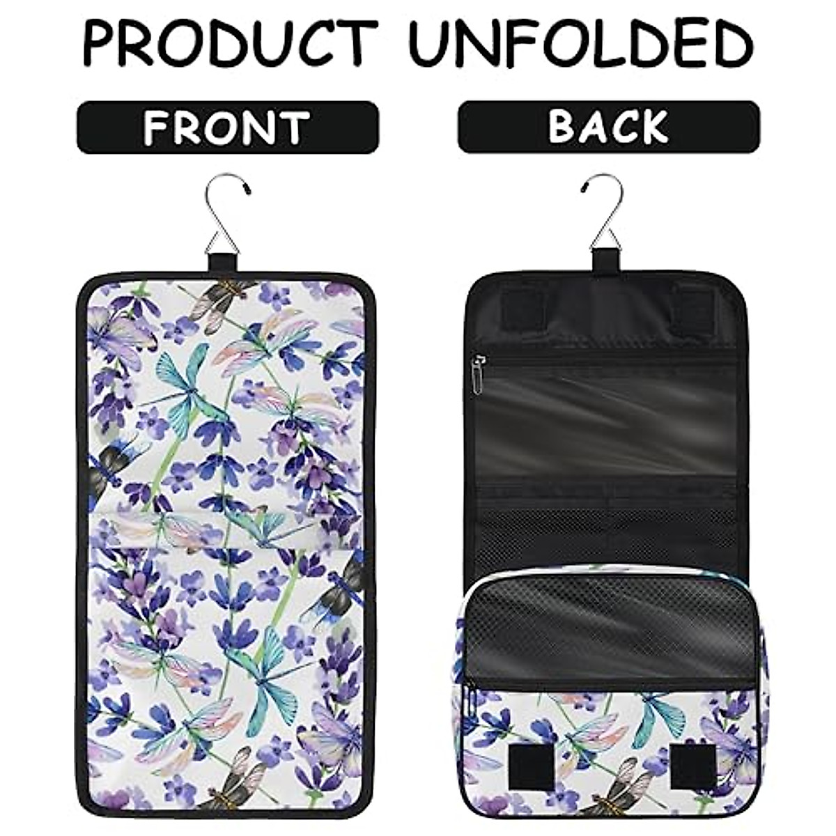 Dragonfly Purple Flower Travel Toiletry Bag Cosmetic Makeup Bag for Women Men Hanging Hook Wash Toiletries Portable Toiletry Bags Organizer