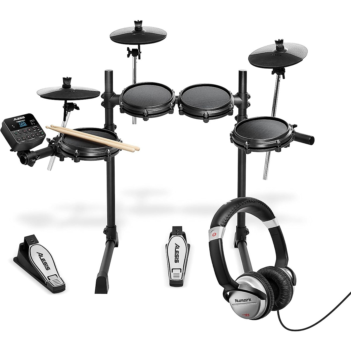 Alesis Drums Turbo Mesh Kit and Numark HF125 – Electric Drum Set With 100+ Sounds, Mesh Drum Pads, Headphones, Drum Sticks and Drum Lessons
