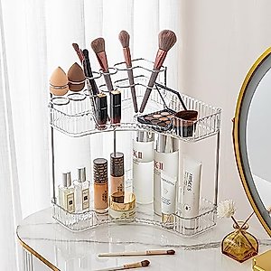 CICUFY 2-Tier Acrylic Corner Makeup Organizer Stylish Counter Organizer for Vanity and Bathroom Countertop - White Clear
