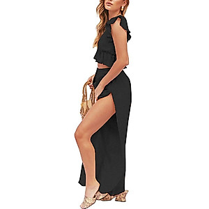 FANCYINN 2 Pieces Black Beach Jumpsuits Outfits for Women Deep V Neck Crop Top Side Slit Drawstring Wide Leg Pants Set Halloween Black Witch M