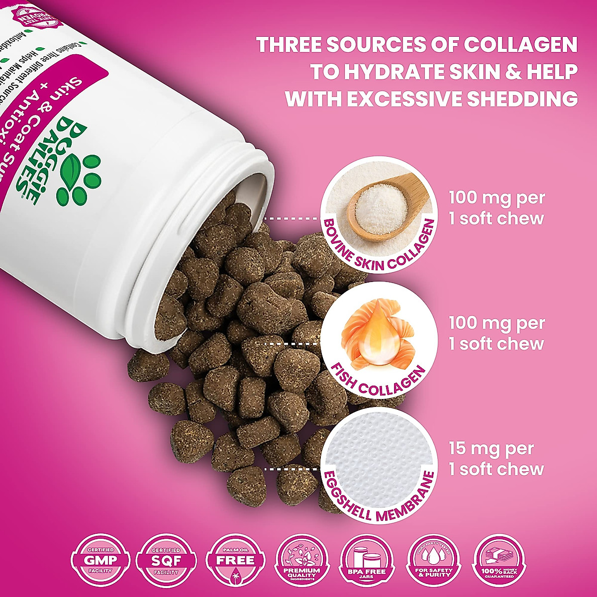 Doggie Dailies Skin & Coat Supplement + Antioxidant Support, 225 Soft Chews, Salmon Oil for Dogs Skin and Coat with Collagen, Omega 3, Krill Oil, Biotin, & Coconut Oil for Dogs