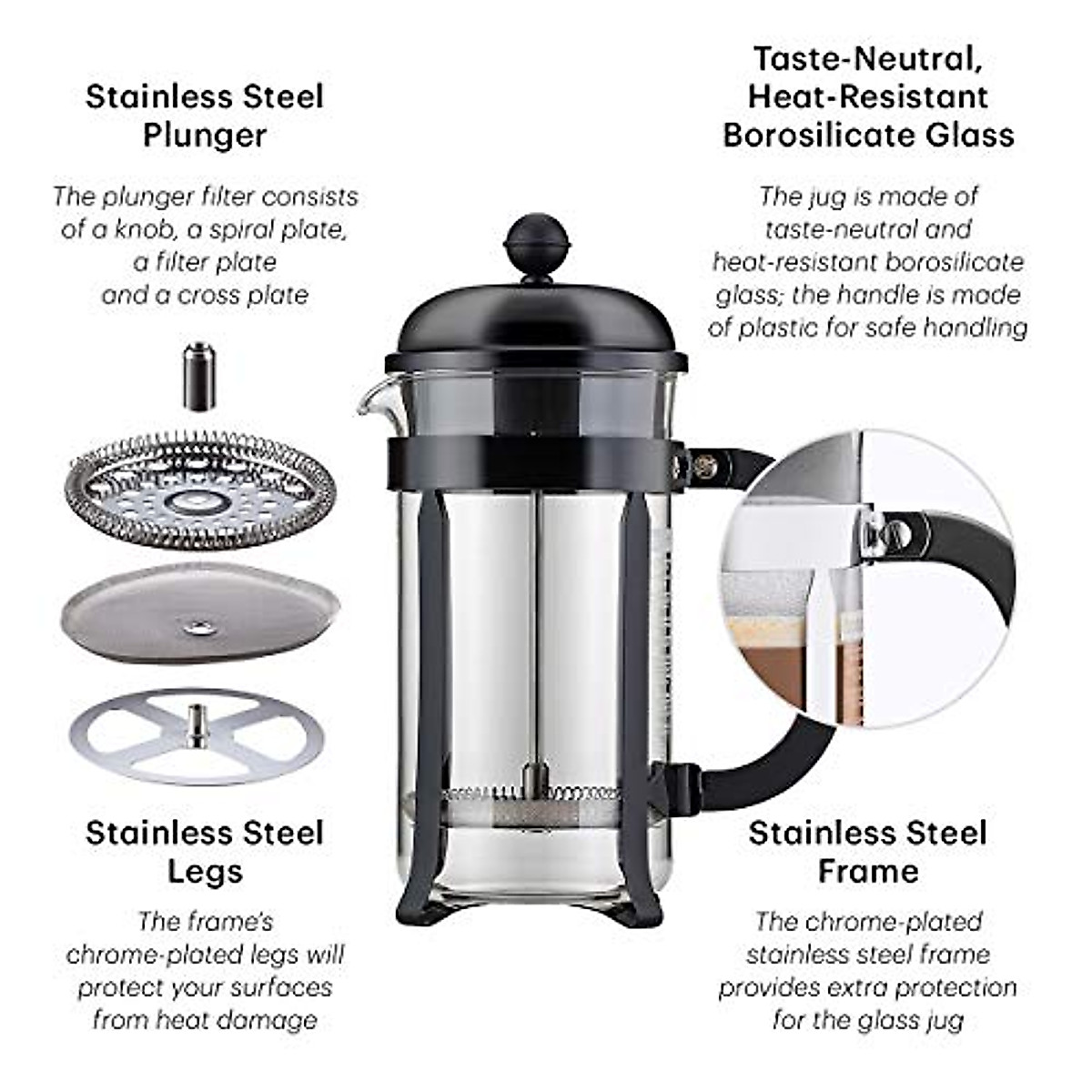 Bodum 34oz Chambord French Press Coffee Maker, High-Heat Borosilicate Glass, Stainless Steel, Black – Made in Portugal