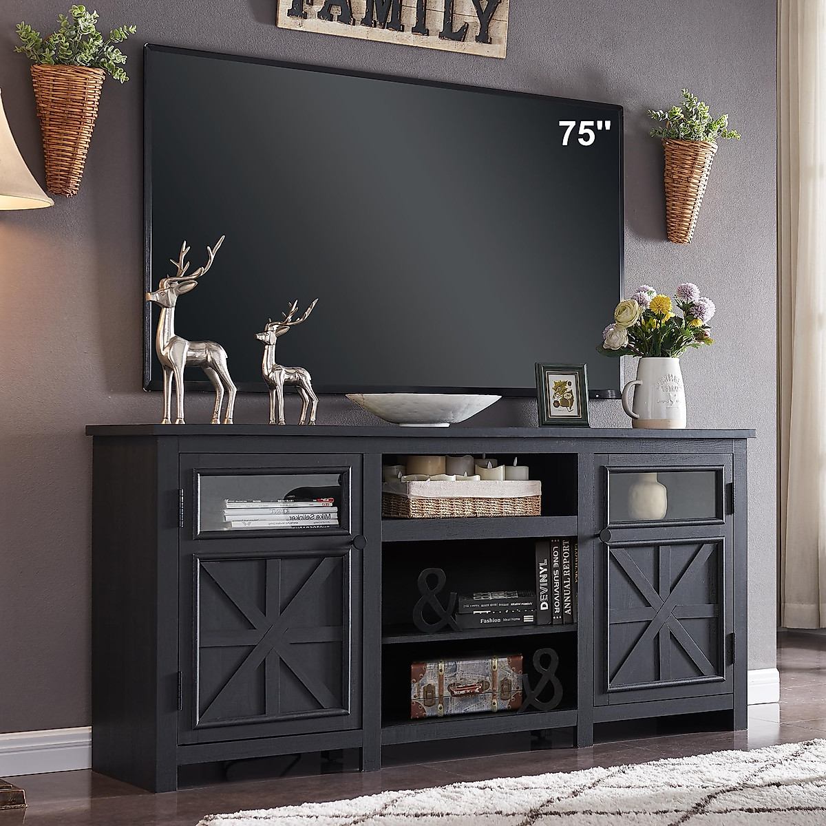 JXQTLINGMU Farmhouse TV Stand for 75 Inch TV, Entertainment Center with Storage, Modern TV Cabinet with Barn Doors, 66" Rustic TV Console for Living Room, Adjustable Shelf - Black