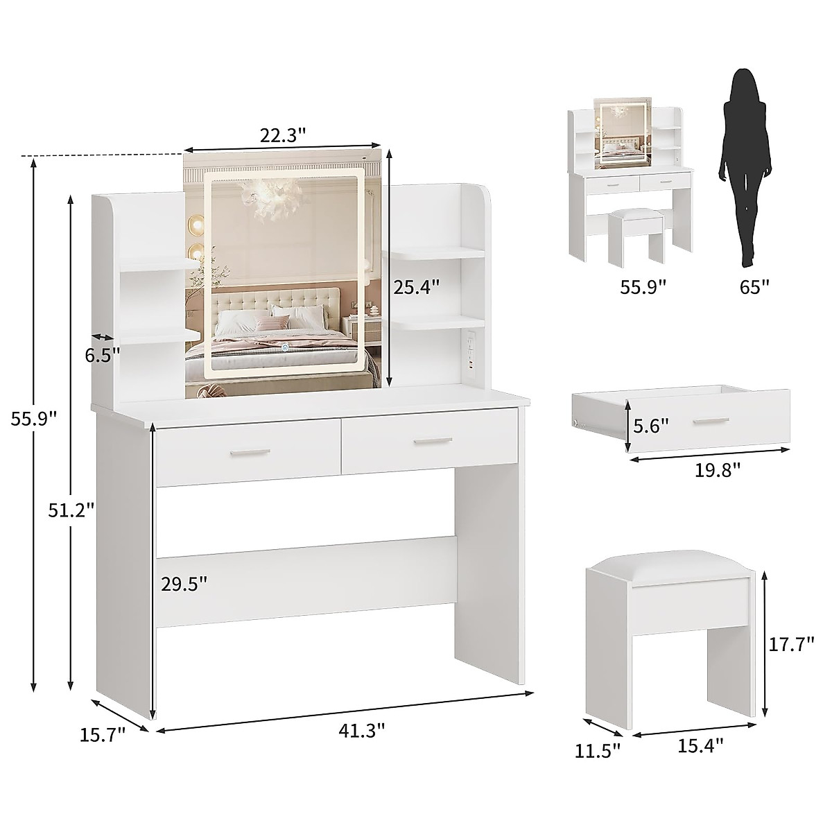GarveeHome Vanity Desk with Mirror and Lights, Makeup Vanity Set w/Desk and Stool, Power Outlet, Makeup Vanity Desk with 6 Storage Shelves, 2 Large Drawers and 3 Color Adjustable Brightness, White