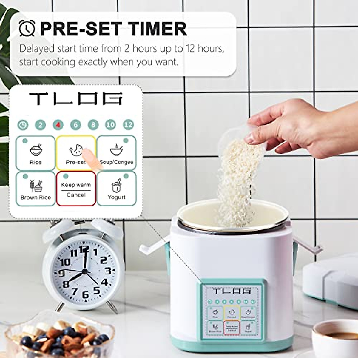 TLOG Mini Rice Cooker 2.5 Cups Uncooked, Healthy Ceramic Coating Portable Rice Cooker, 1.2L Travel Rice Cooker Small for 1-3 People, Personal Rice maker, Food Steamer, 12 Hours delay timer, Multi-cooker for Grains, Oats
