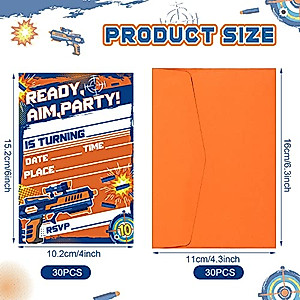 30 packs Dart War Invitations Birthday Party Supplies Blaster Nerf Gun Battle Theme Party Invitations with 30 Orange Envelopes for Boy Kids Dart War Nerf Party Decorations Supplies Favor