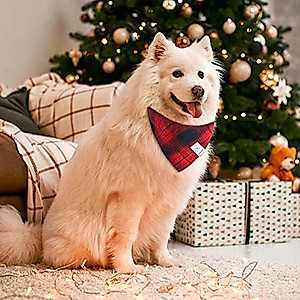 Christmas Dog Bandanas & Matching Scrunchie Set Plaid Dog Bandana Scarf Bibs with Bow Hair Ties for Pet Owner & Medium Large Dogs Red