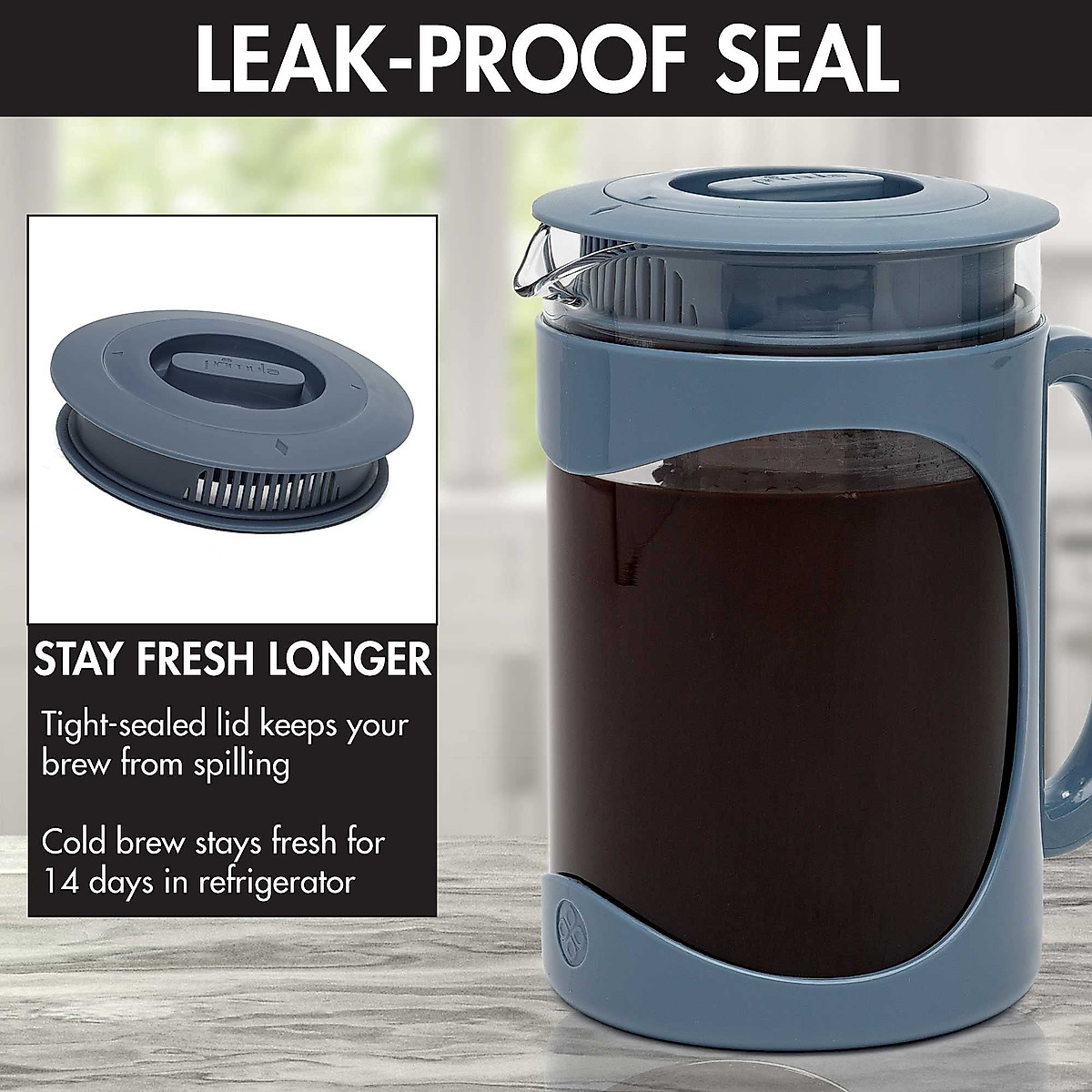 Primula Burke Deluxe Cold Brew Iced Coffee Maker, Comfort Grip Handle, Durable Glass Carafe, Removable Mesh Filter, Perfect 6 Cup Size, Dishwasher Safe, 1.6 qt, Blue